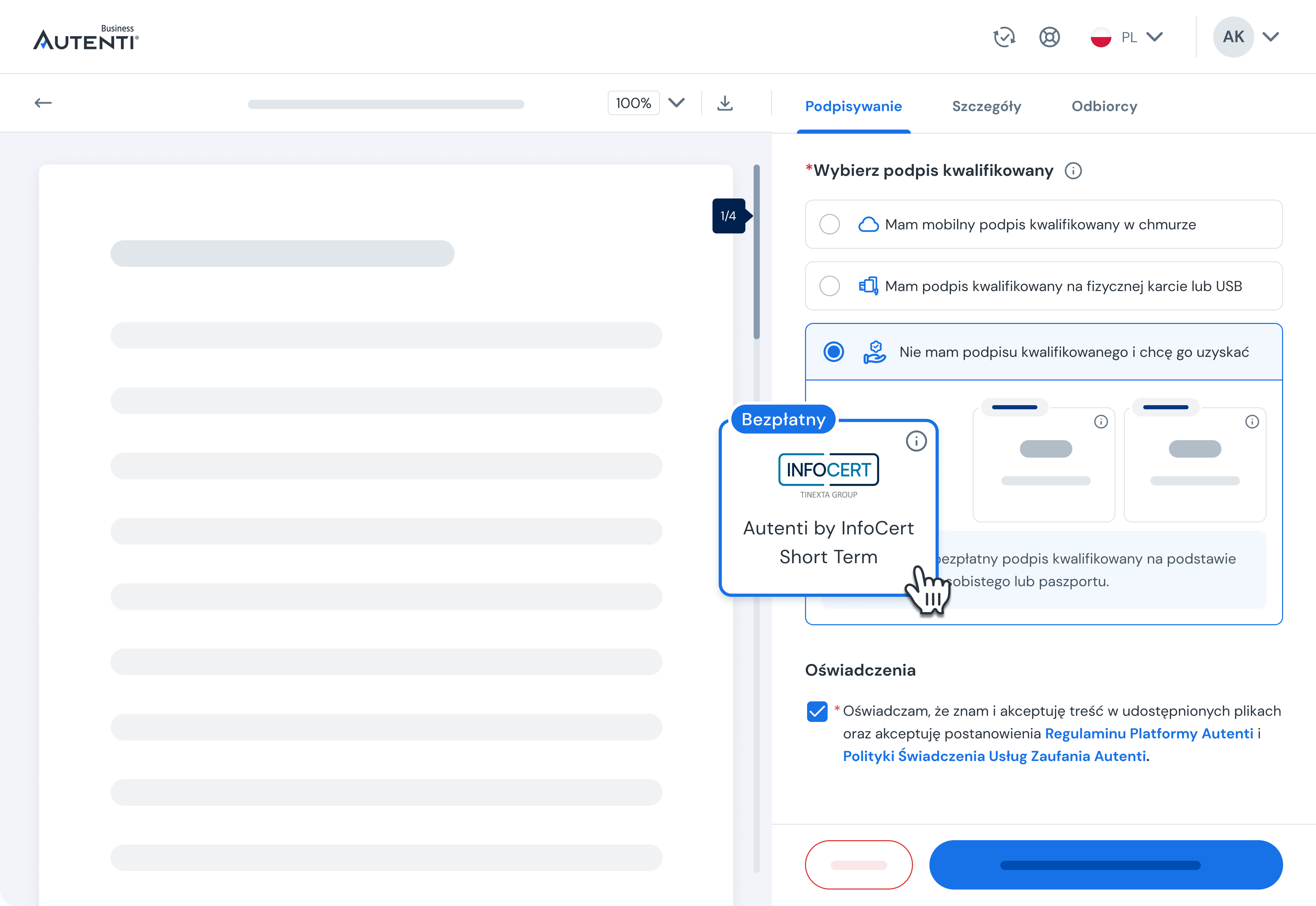 Jednorazowy podpis kwalifikowany na selfie - funkcja platformy Autenti